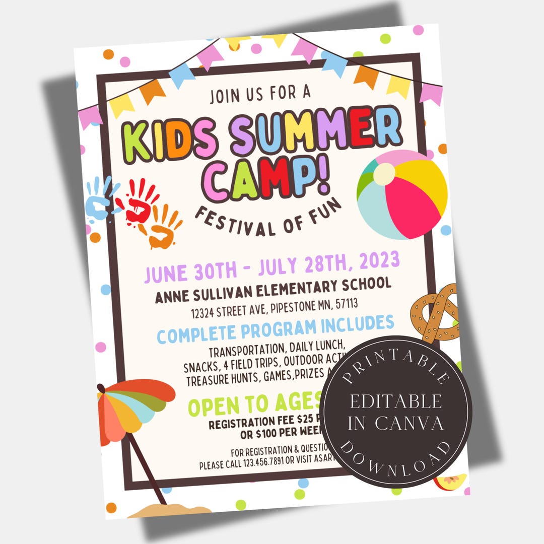 Editable Summer Fun Camp Flyer Template School Summer Break Festival ...