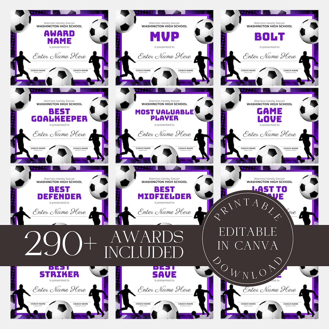 Editable Soccer Award Certificate Bundle Team Party Awards (canva ...
