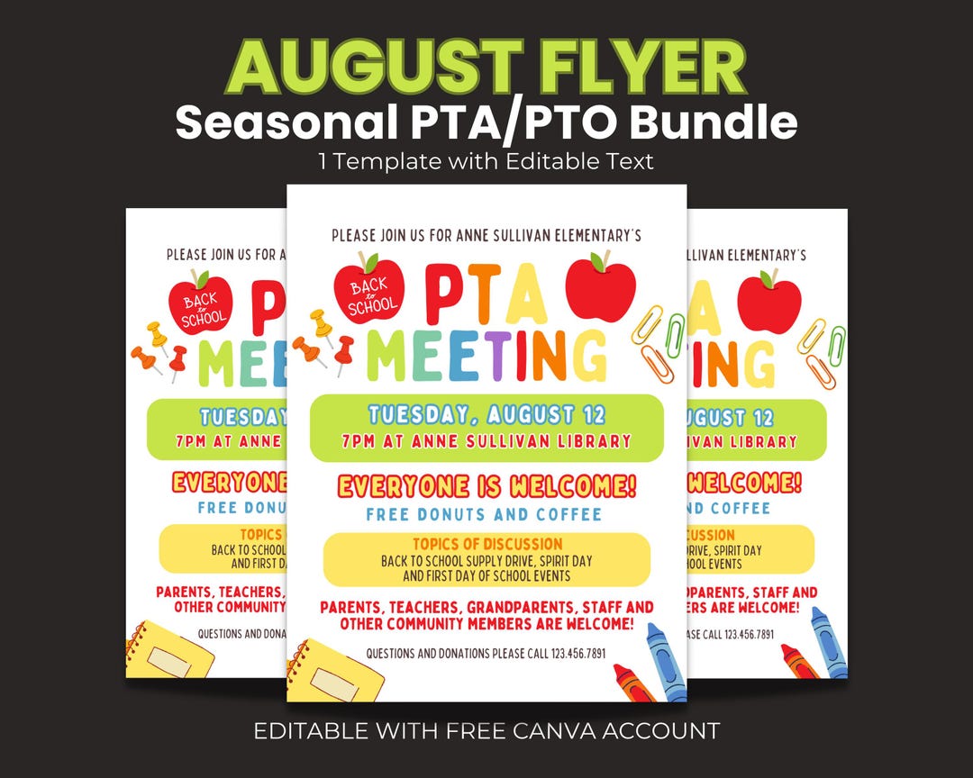 Editable August PTA PTO Meetings Flyer Template Printable Handout ...