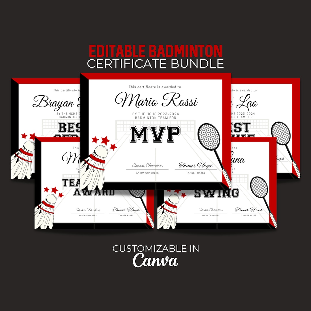 End of Season Badminton Certificate Bundle, Editable Badminton Award ...