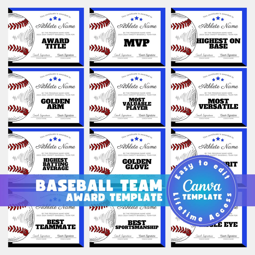 Baseball Awards Bundle, Editable Baseball Certificate Canva Template ...