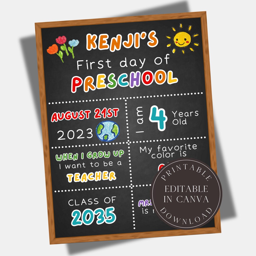 Editable First Day of School Chalkboard Kindergarten Sign Printable ...