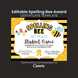 Editable Spelling Bee Certificates, Spelling Bee Printable Certificates ...