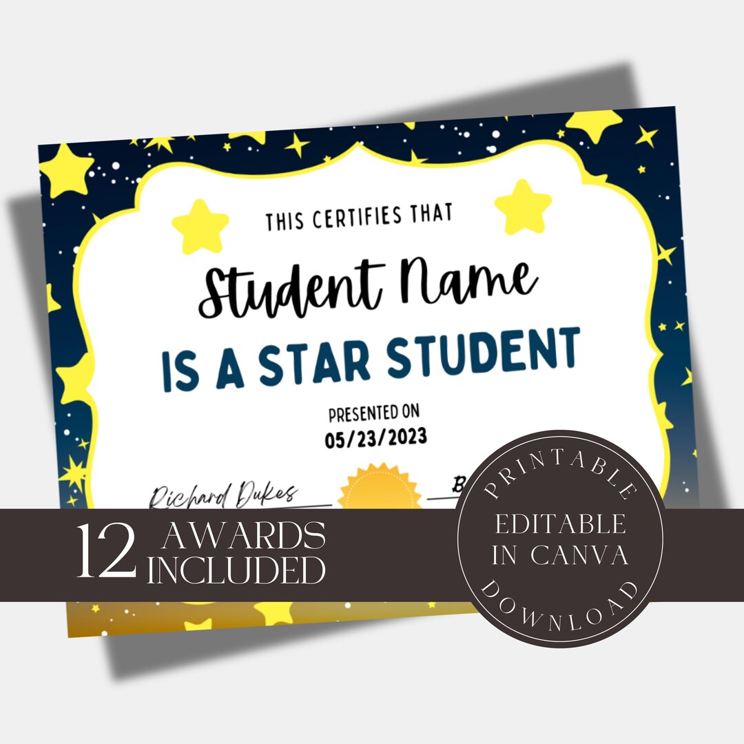 Editable School Certificate Star Student Elementary Classroom Award ...