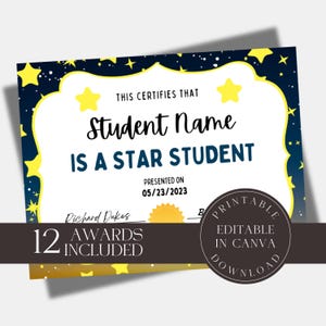 Editable School Certificate Star Student Elementary Classroom Award ...