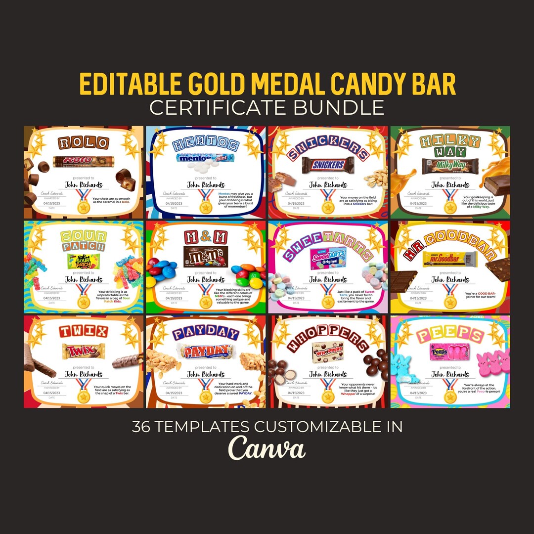 Editable Gold Medal Candy Bar Award Certificate Bundle - Etsy