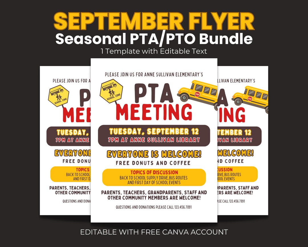 Editable September PTA PTO Meetings Flyer Template Printable Handout ...