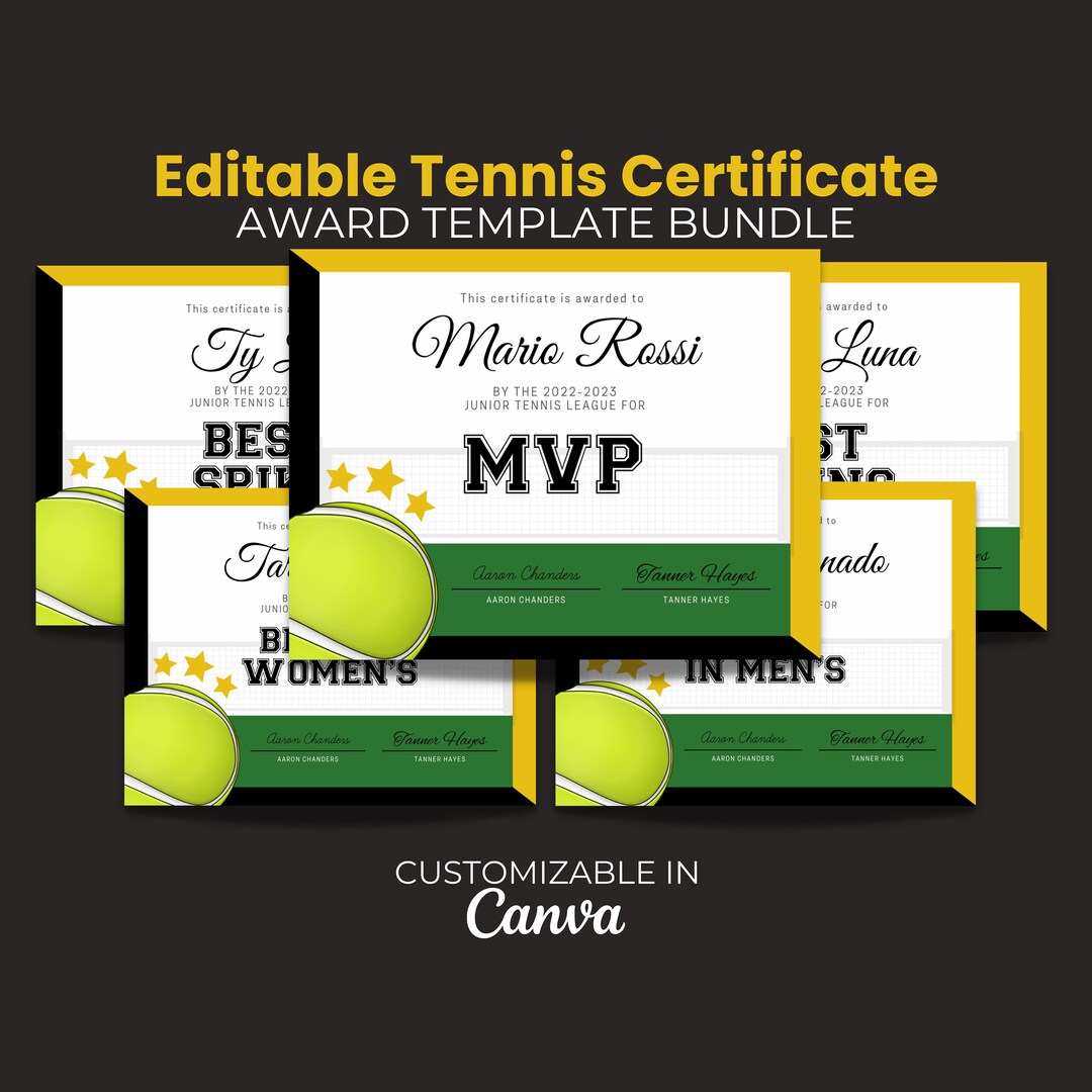 Tennis Certificate Bundle, Tennis Award, Printable Certificate, Tennis ...