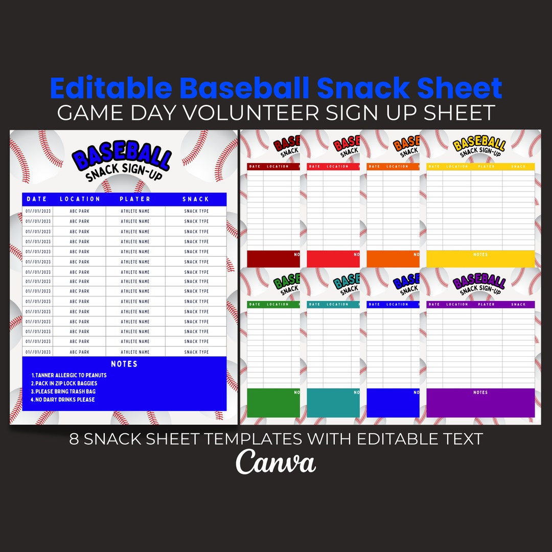 Baseball Snack Sign up Sheet, Game Day Schedule Canva Template ...