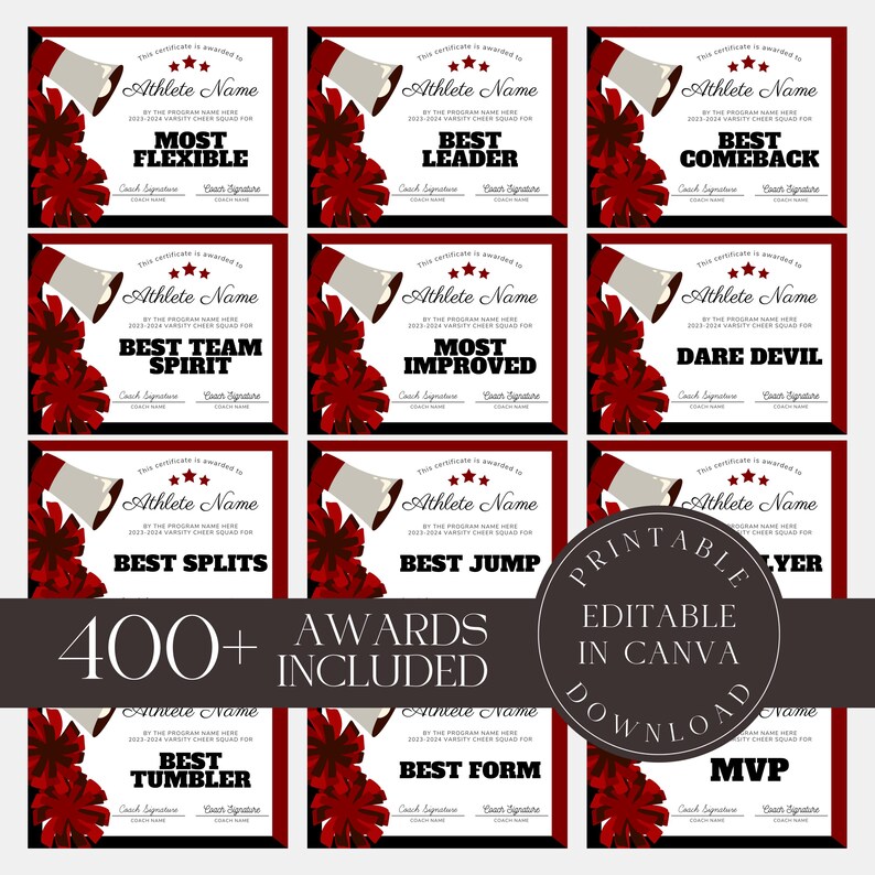 Editable Cheerleading Awards Template, Custom Cheer Award Certificates ...