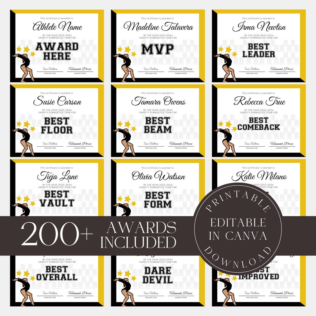 Editable Gymnastics Certificate Bundle Printable Gymnast Award ...