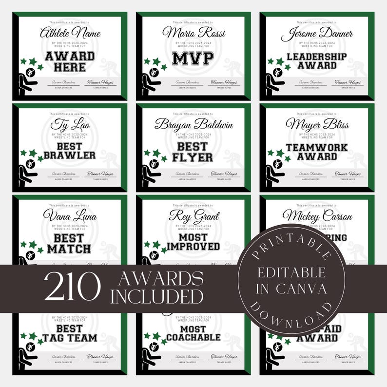 Editable Wrestling Award Certificate Bundle Green Team Awards (canva ...
