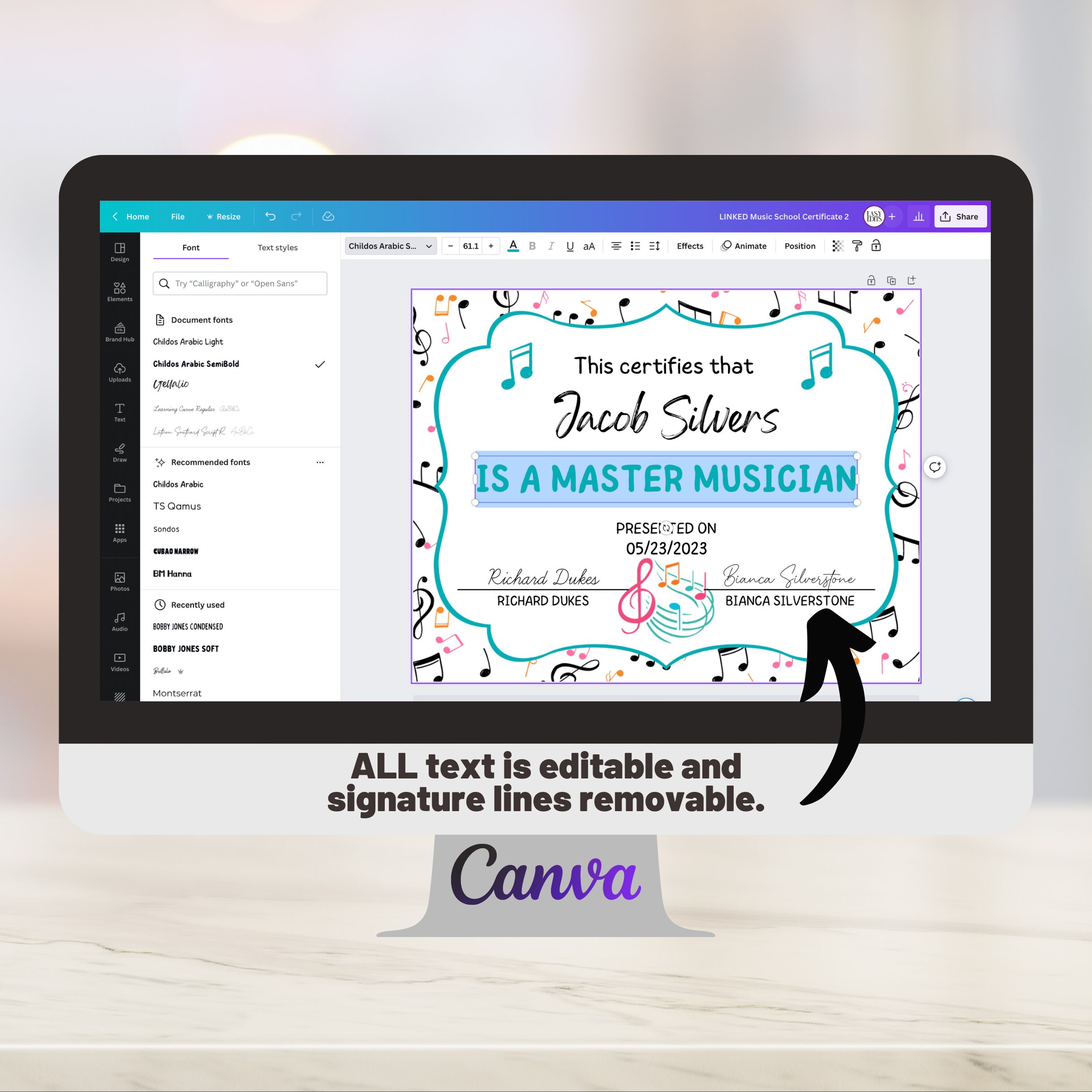 Editable School Certificate Student Music Award Elementary - Etsy