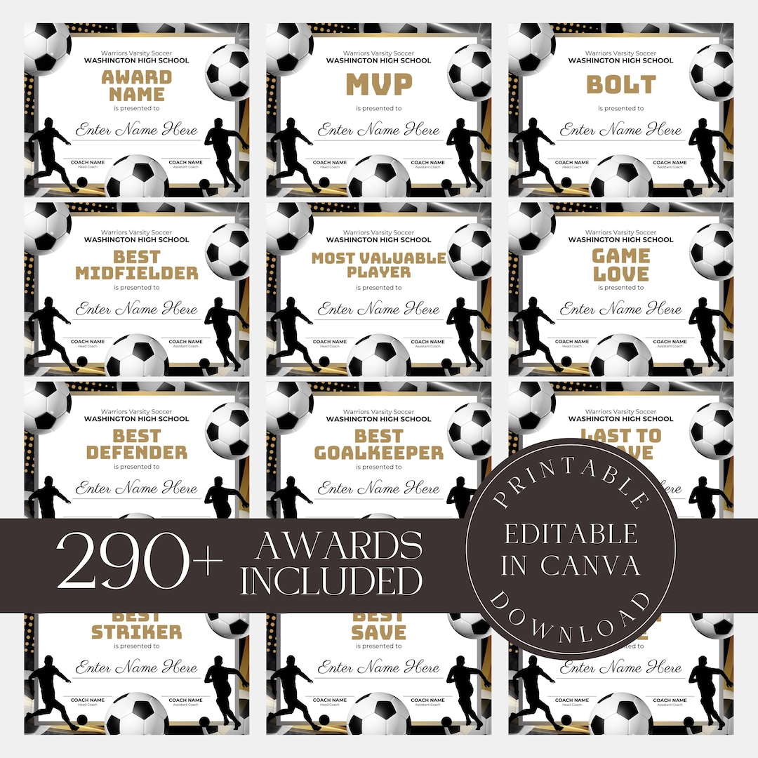 Editable Soccer Award Certificate Bundle Team Party Awards (canva ...