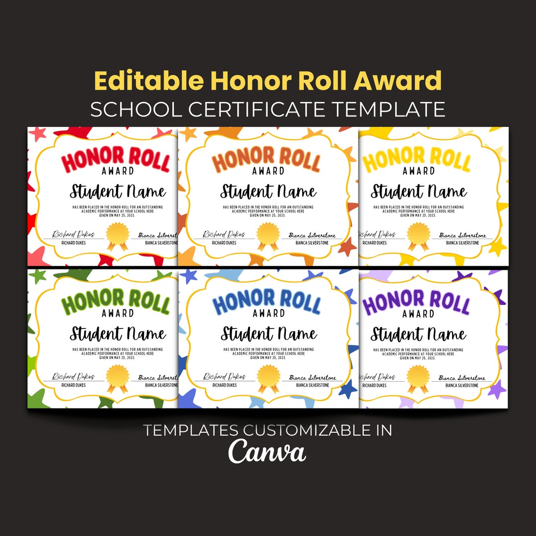 Editable School Honor Roll Certificate, Classroom Academic Excellence ...