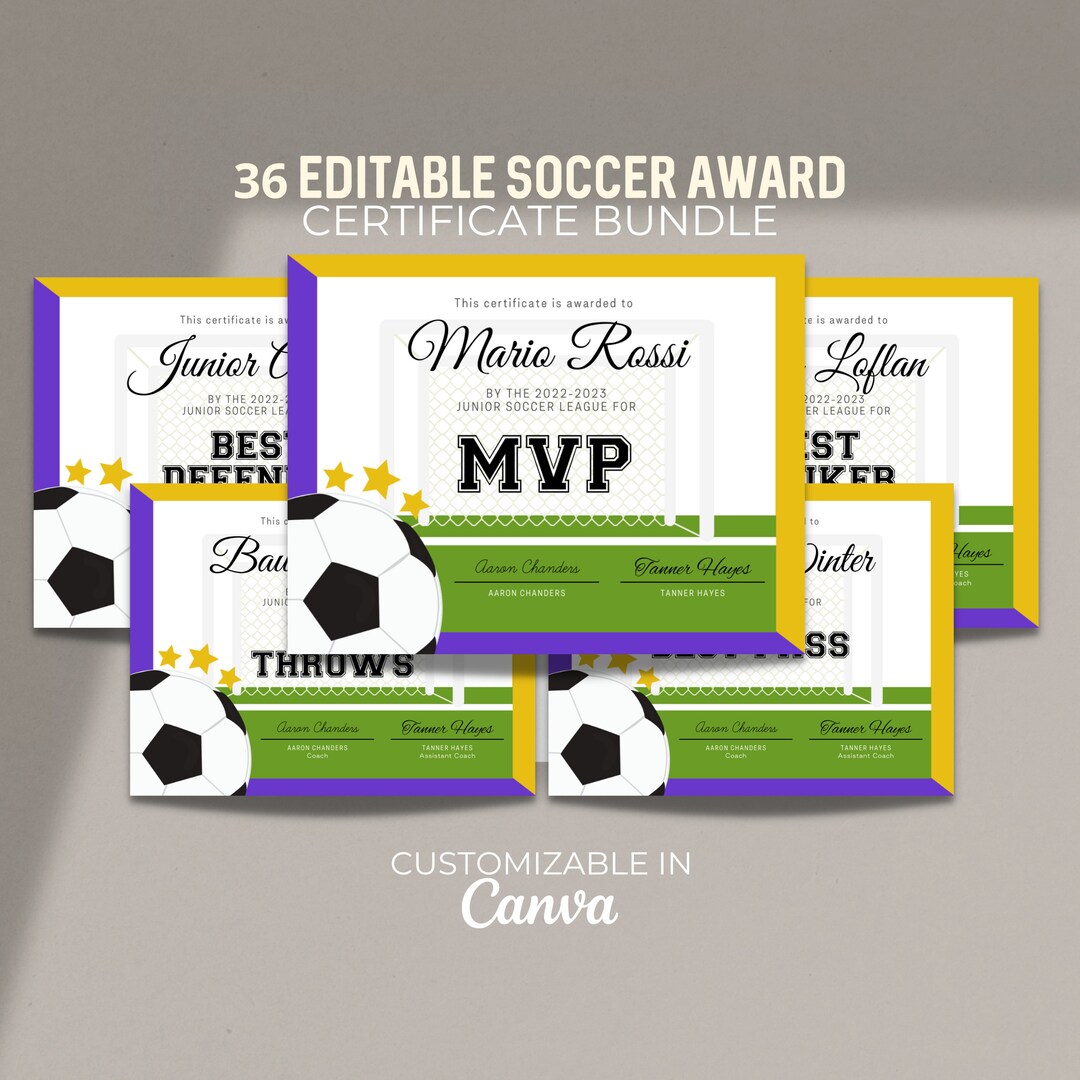 Editable Soccer Award Certificate Canva Template Bundle - Etsy
