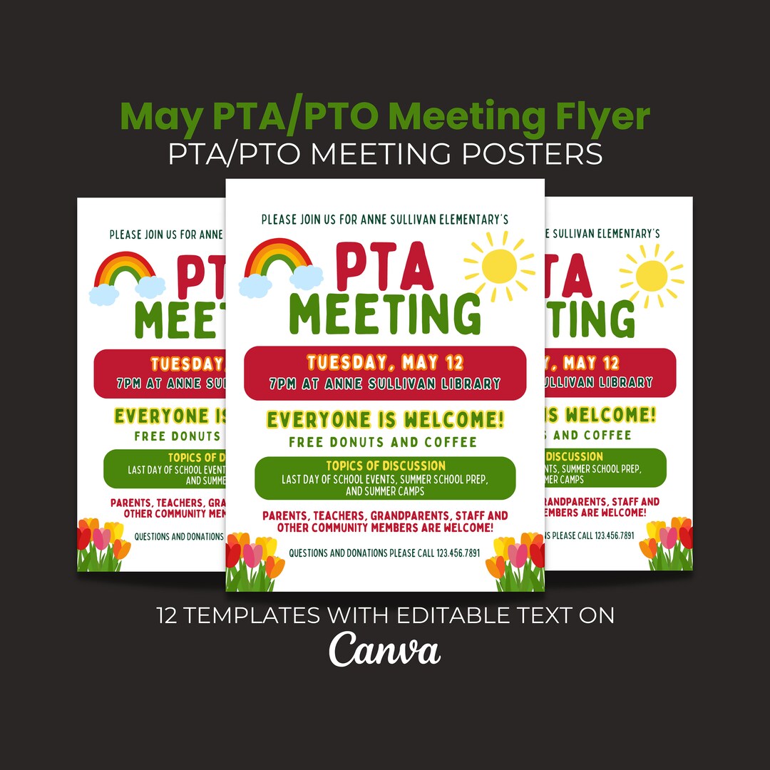 May PTA PTO Meetings Flyer Template Printable Handout School Year Event ...