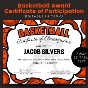 End of Season Basketball Awards, Editable Certificate Canva Template ...