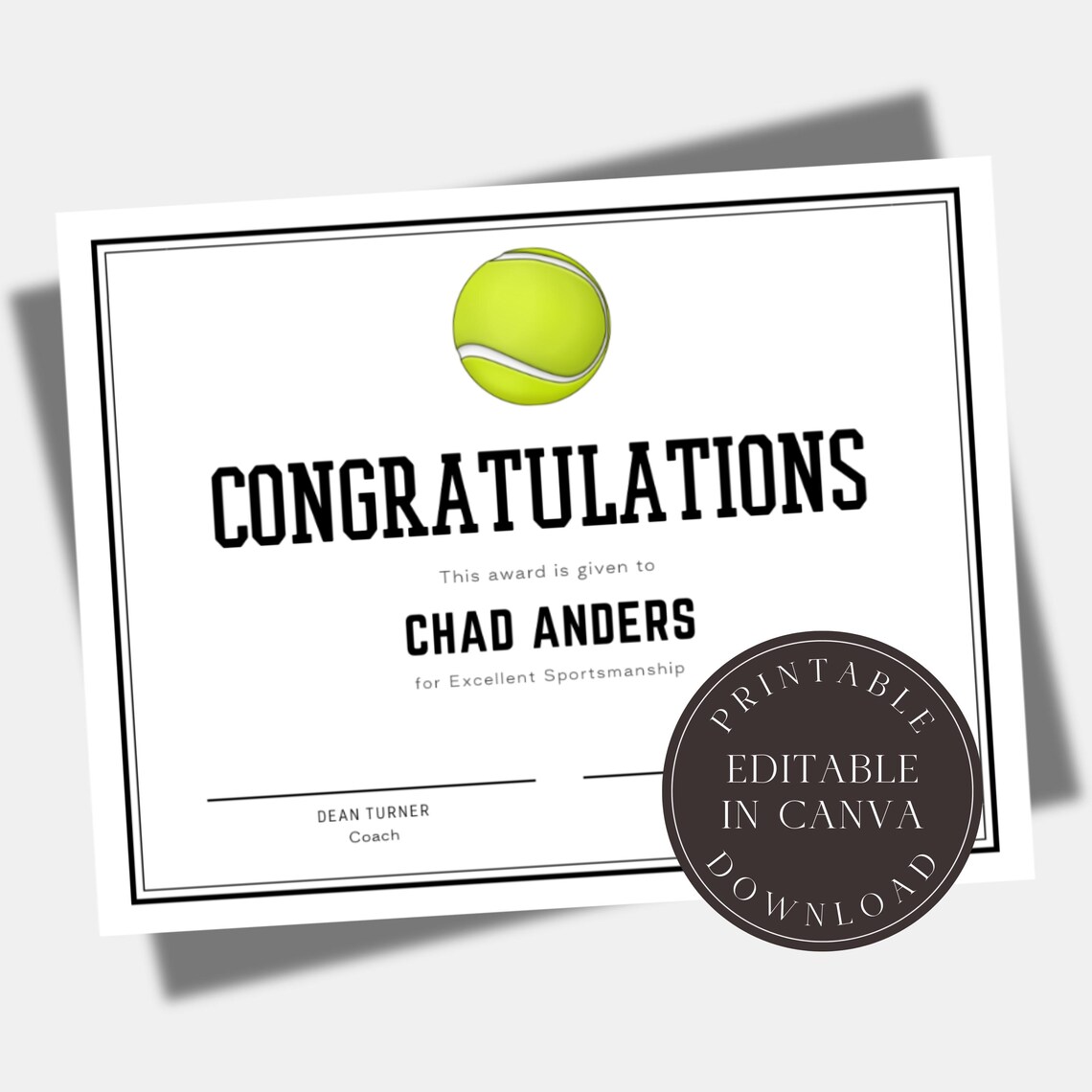 Editable Tennis Award Certificate Team Party Printable (canva Template ...
