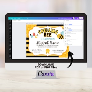 Editable Spelling Bee Certificates School Award Template (canva) - Etsy