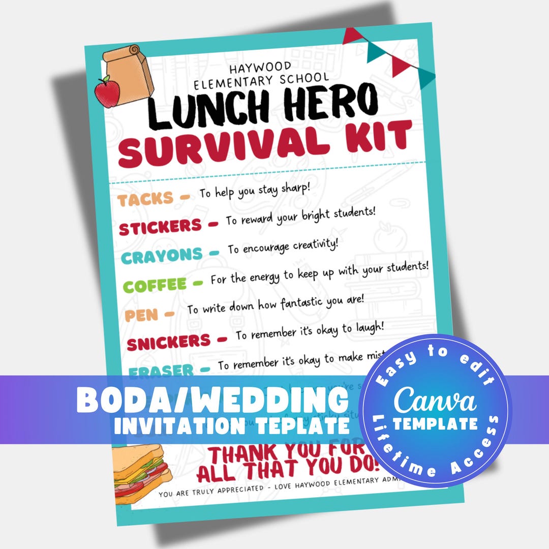 Lunch Hero Survival Kit Printable Template Back to School Gift (canva ...