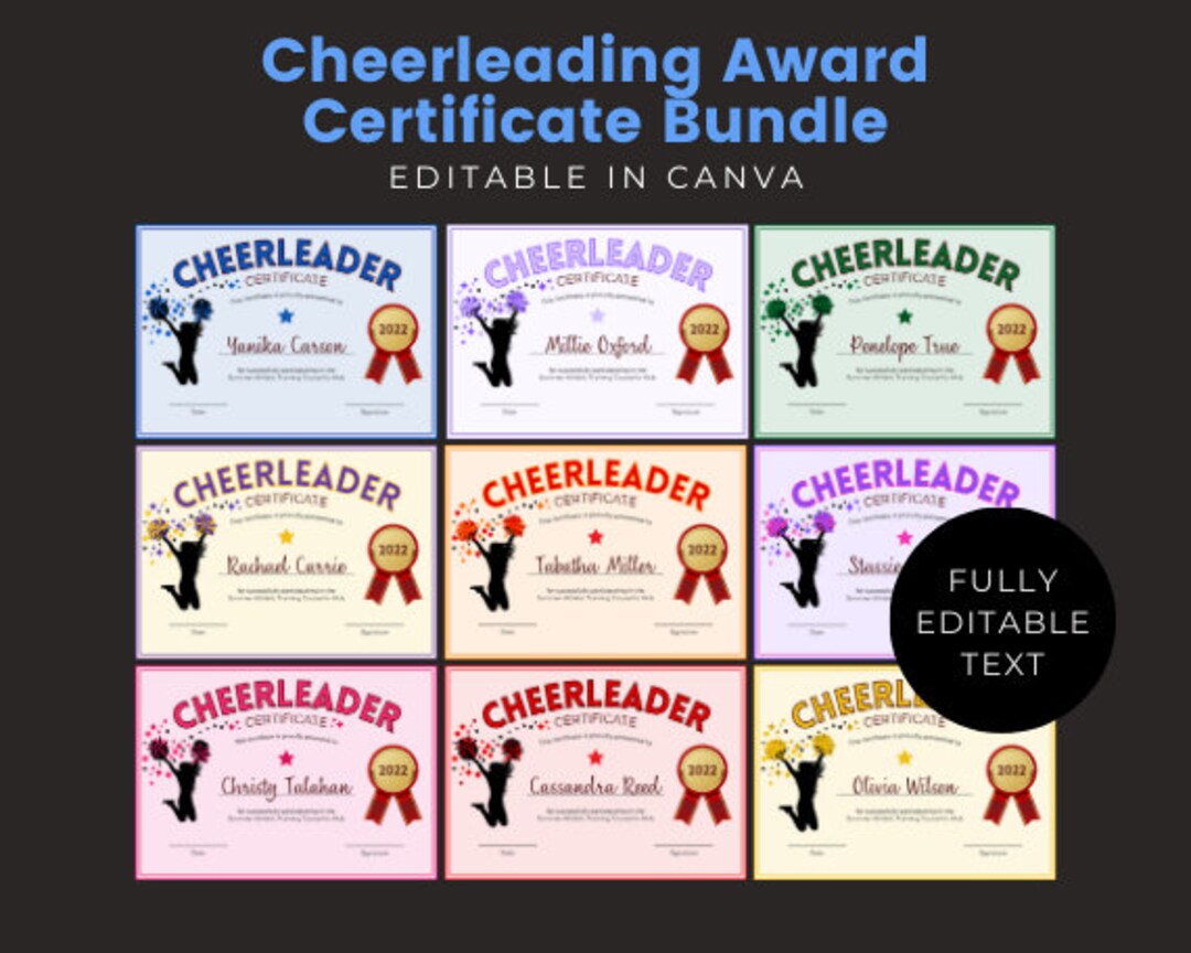 Editable Cheerleading Award Certificate Canva Template Bundle ...