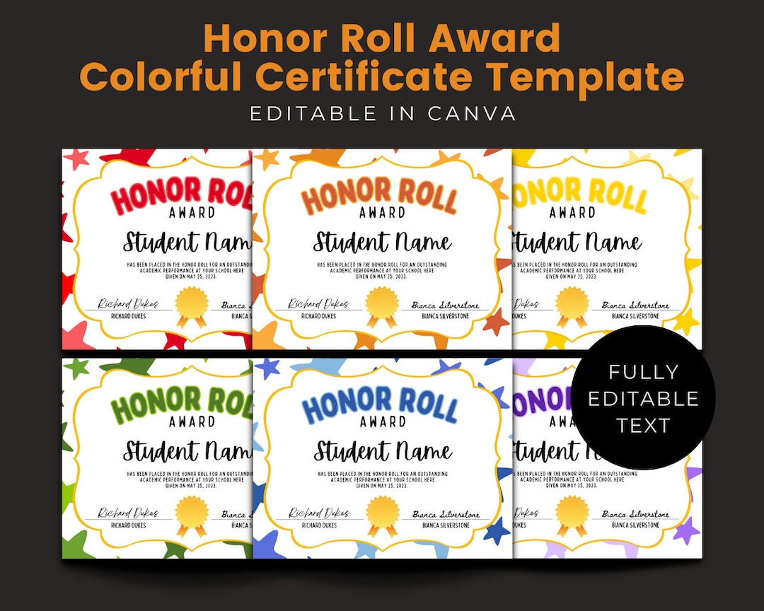 Editable School Honor Roll Certificate, Classroom Academic Excellence ...