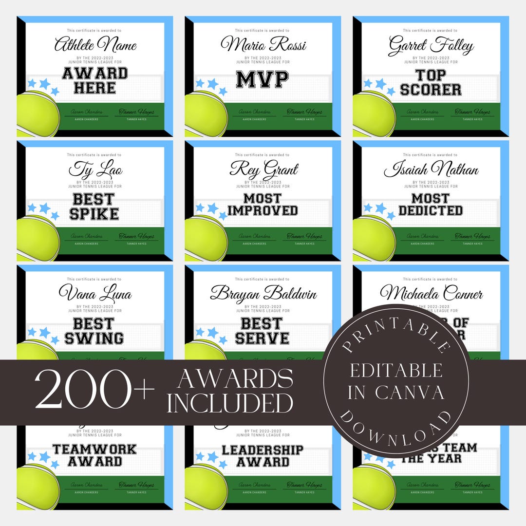 Editable Tennis Certificate Bundle Tennis Award Team Party Printable ...