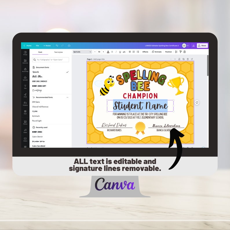 Spelling Bee Award Certificate Template, Editable School Award ...