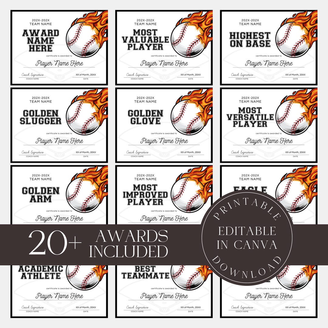 Editable Baseball Awards Printable, Baseball Team Certificate Bundle ...