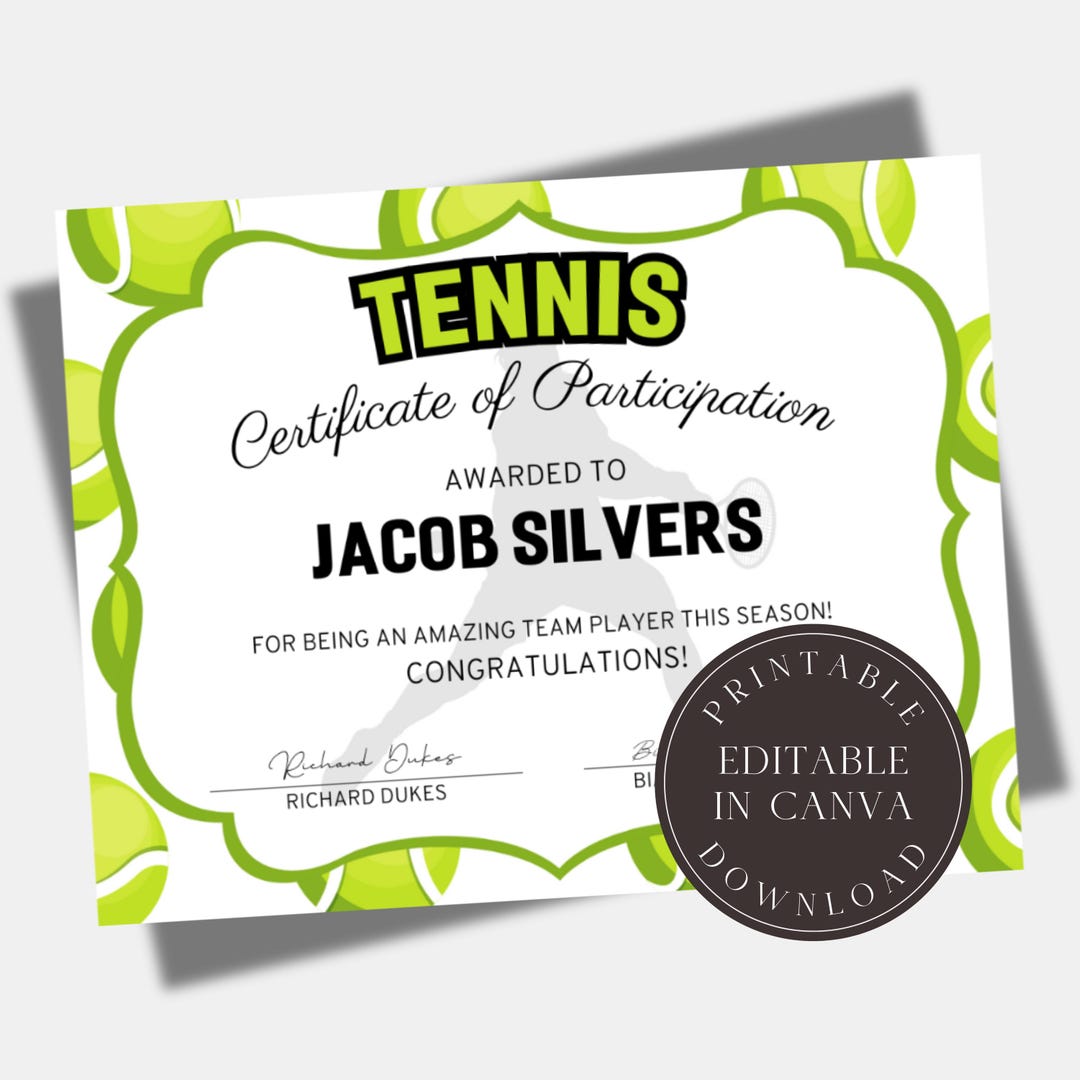 Editable Tennis Awards Tennis Award Certificate Printable Award Team ...