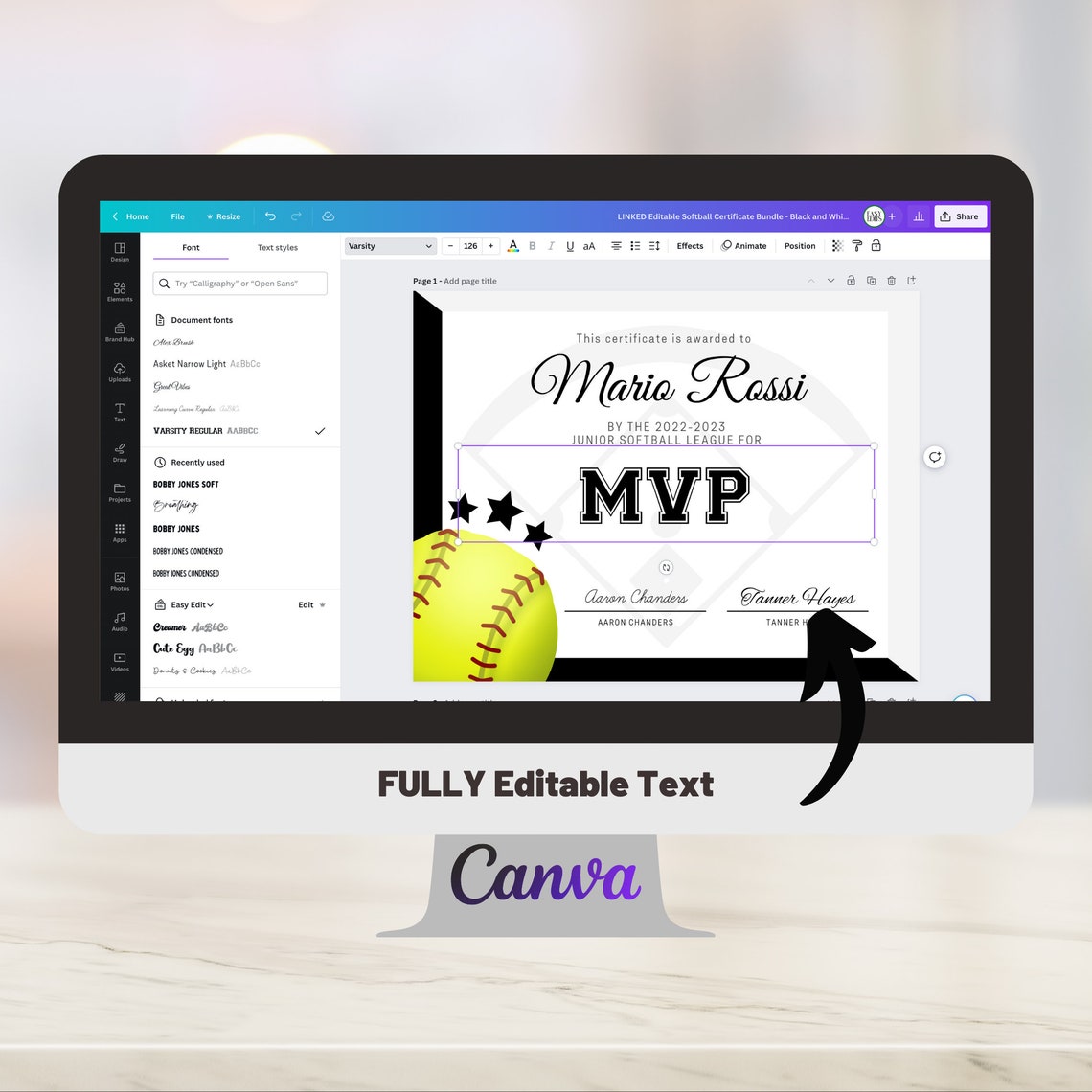 Editable Softball Awards Team Certificate Canva Template (digital ...