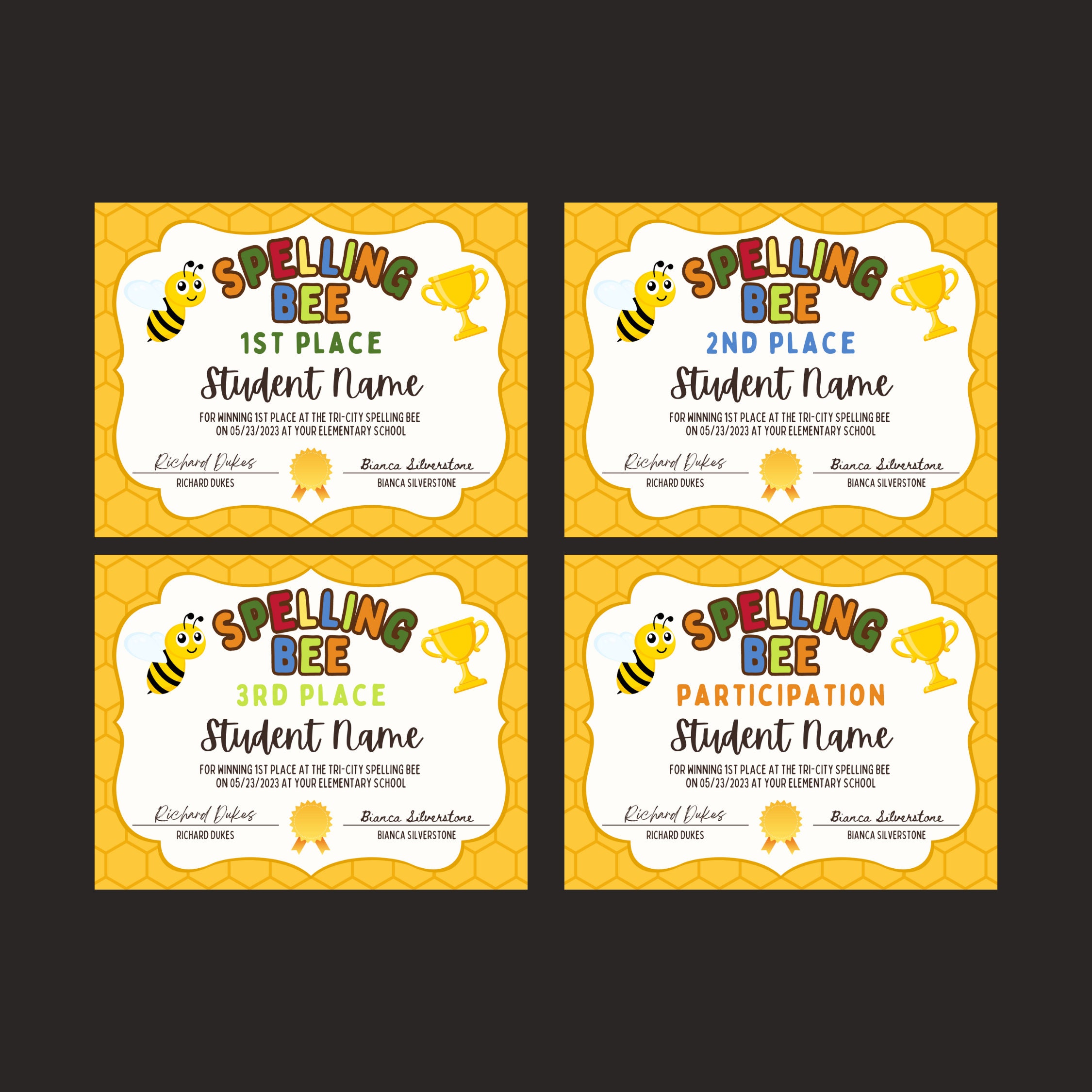 Editable Spelling Bee Award Certificates Printable School Awards (canva ...