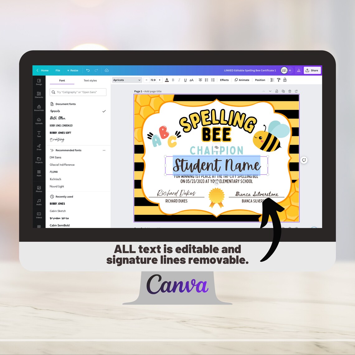 Spelling Bee Certificate Template, Editable School Award Certificate ...