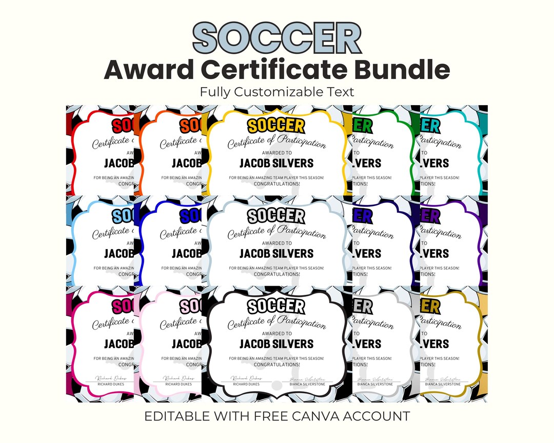 Editable Soccer Award Certificate Bundle, Template Bundle, Printable ...