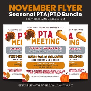 November PTA PTO Meetings Flyer Template Printable Handout School Year ...