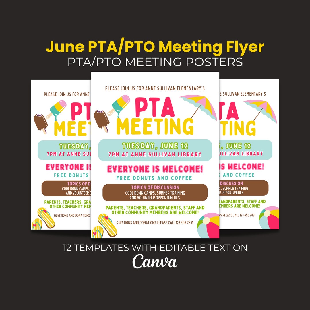 Editable June PTA PTO Meetings Flyer Template Printable Handout School ...