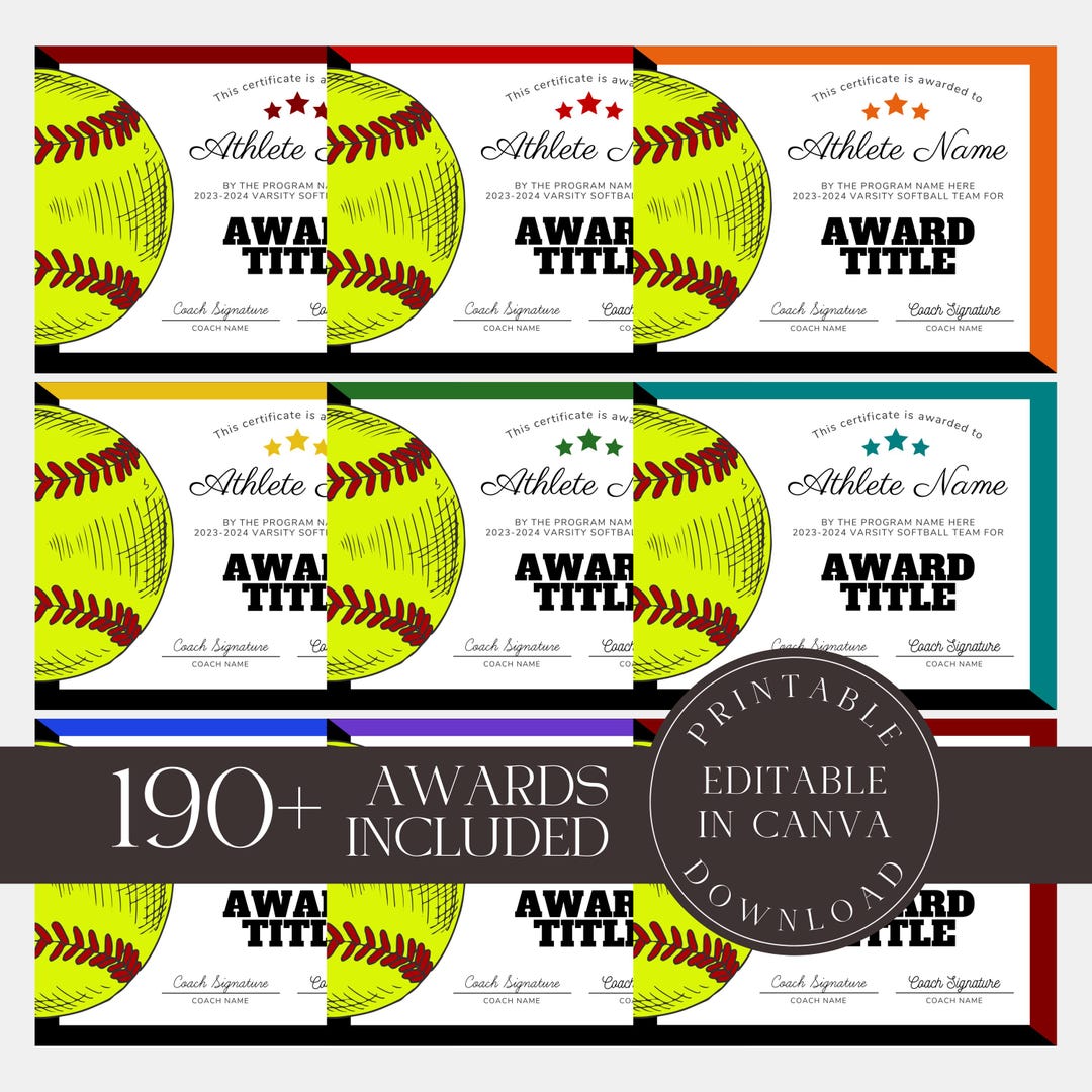 Editable Softball Awards Printable Softball Team Certificate Bundle ...