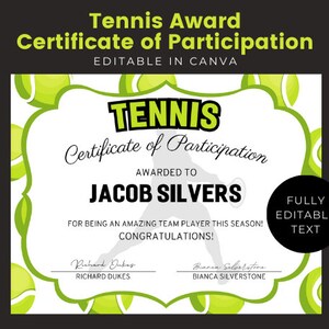 Tennis Award Certificates End of Season Printable - Etsy