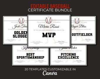 Baseball Award Certificate Editable Canva Template Printable - Etsy