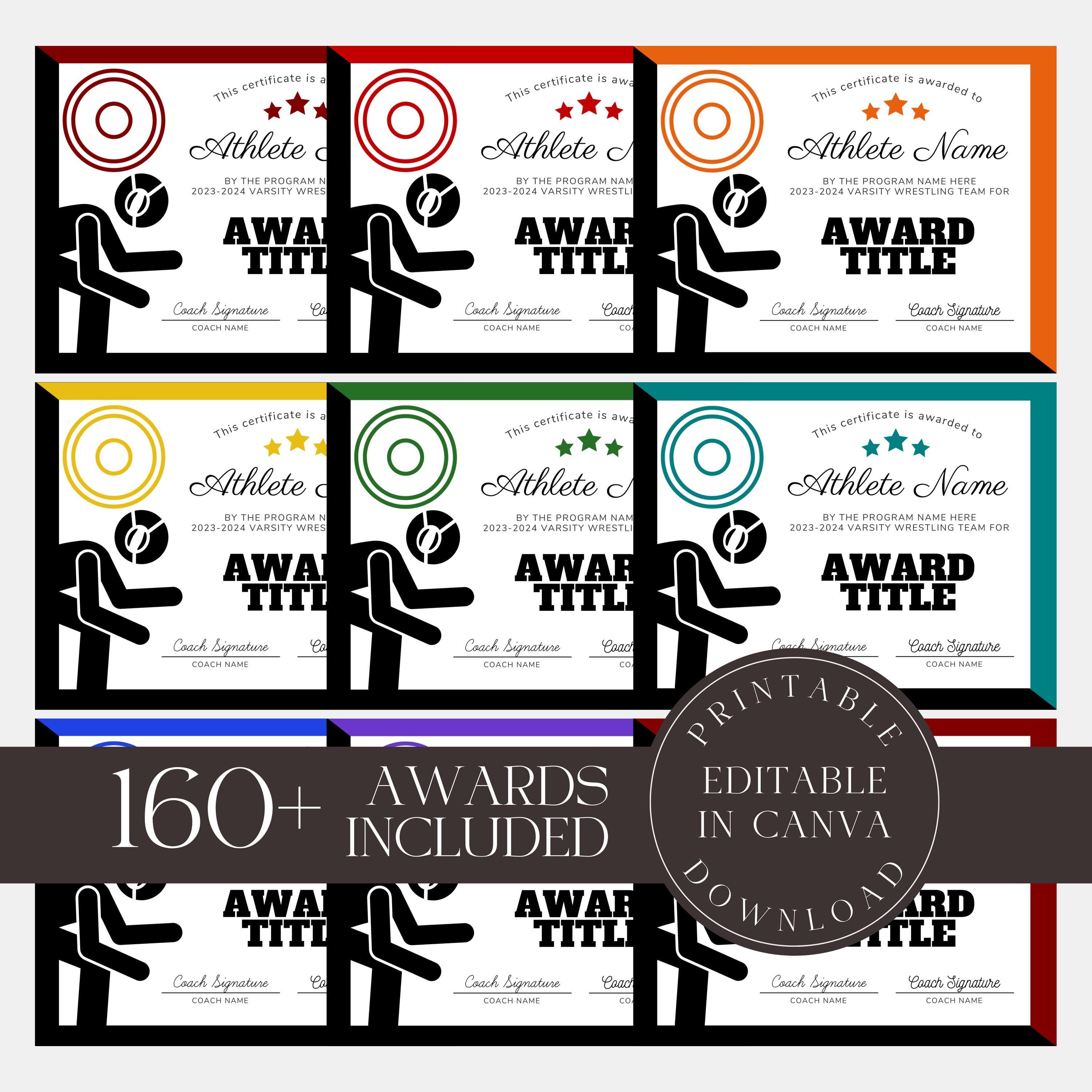 Wrestling Award Certificate Bundle Editable Canva Template (digital ...