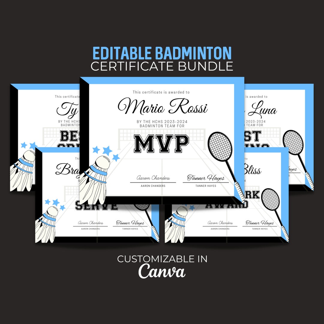 End of Season Badminton Certificate Bundle, Editable Badminton Award ...