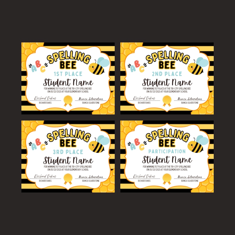 Spelling Bee Certificate Template, Editable School Award Certificate ...