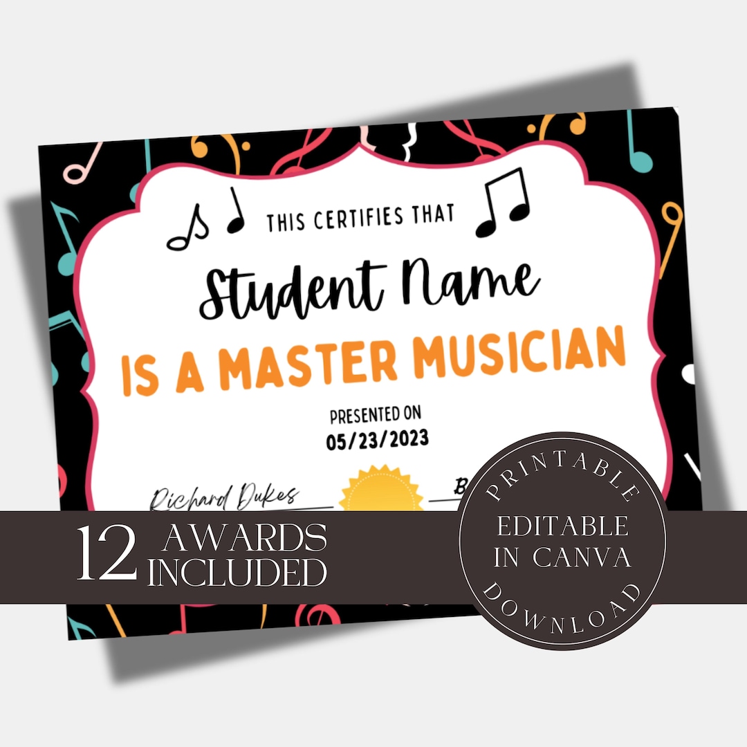 Editable School Certificate Student Music Award Elementary Classroom ...