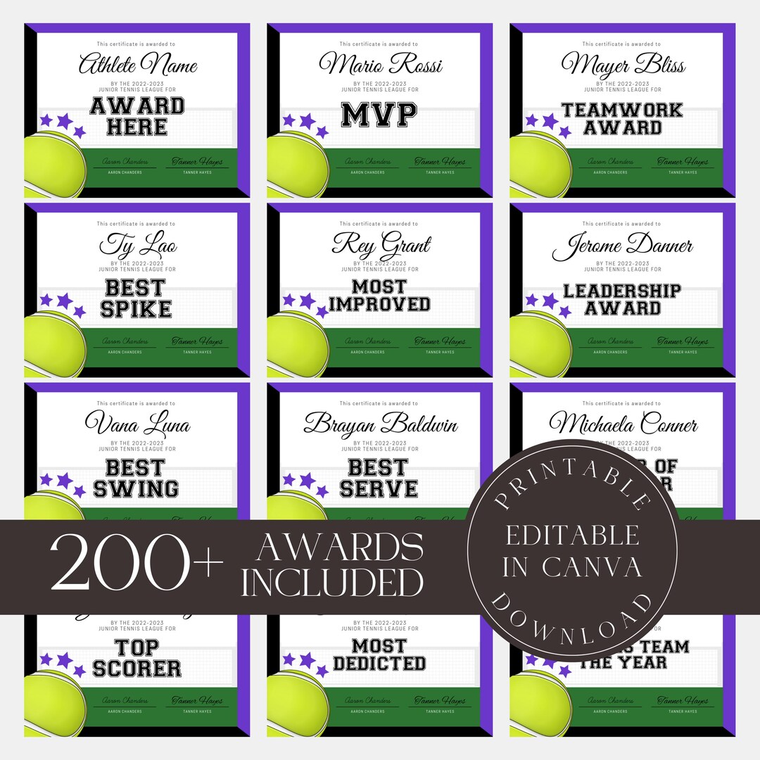 Tennis Award Certificate Template Bundle (digital Download) - Etsy