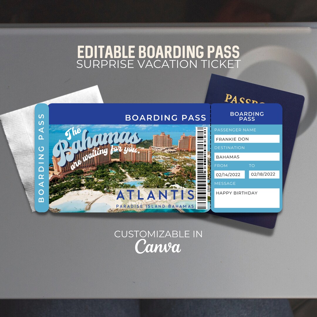 Editable Boarding Pass, Bahamas Vacation Printable Ticket Template ...