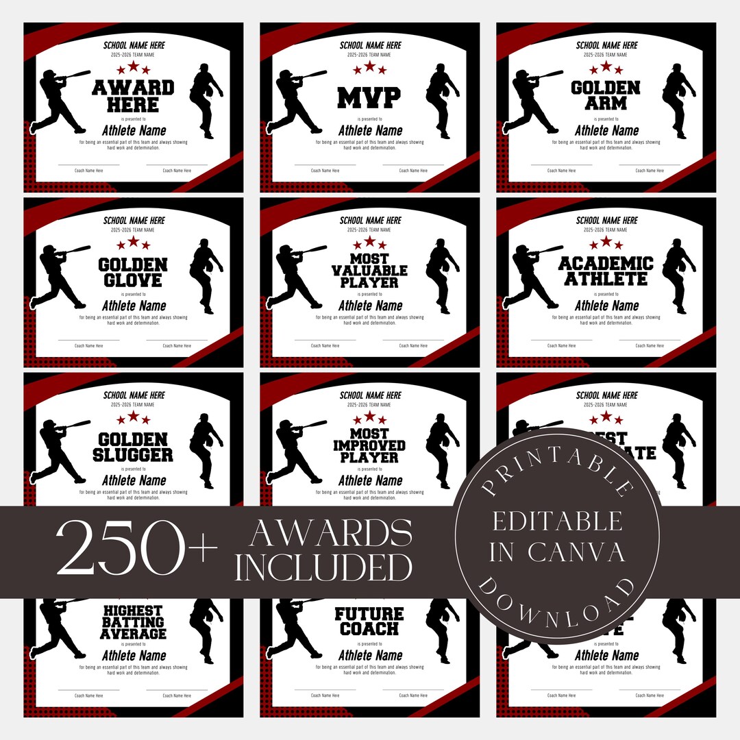 Baseball Awards Bundle, Editable Baseball Certificate Canva Template ...