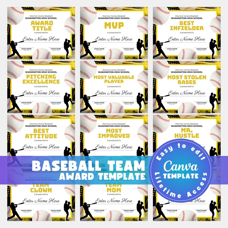 Customizable Baseball Award Certificates Team Awards (canva Editable ...