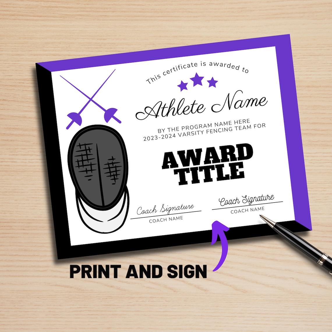 Editable Fencing Team Certificate Template Printable Fencer Award ...