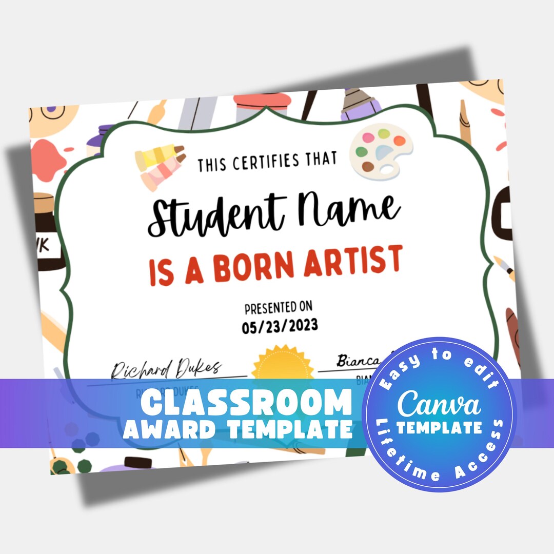 Editable School Certificate Art Award Elementary Student Classroom ...